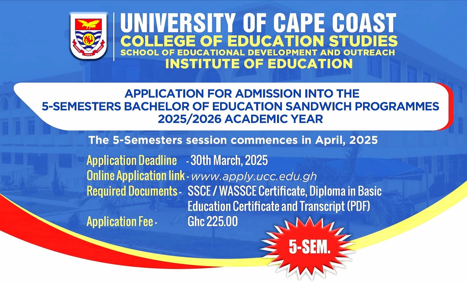 UCC 5 Semester Sandwich Courses and Centres for 2025/2026 | Sandwich Mode
