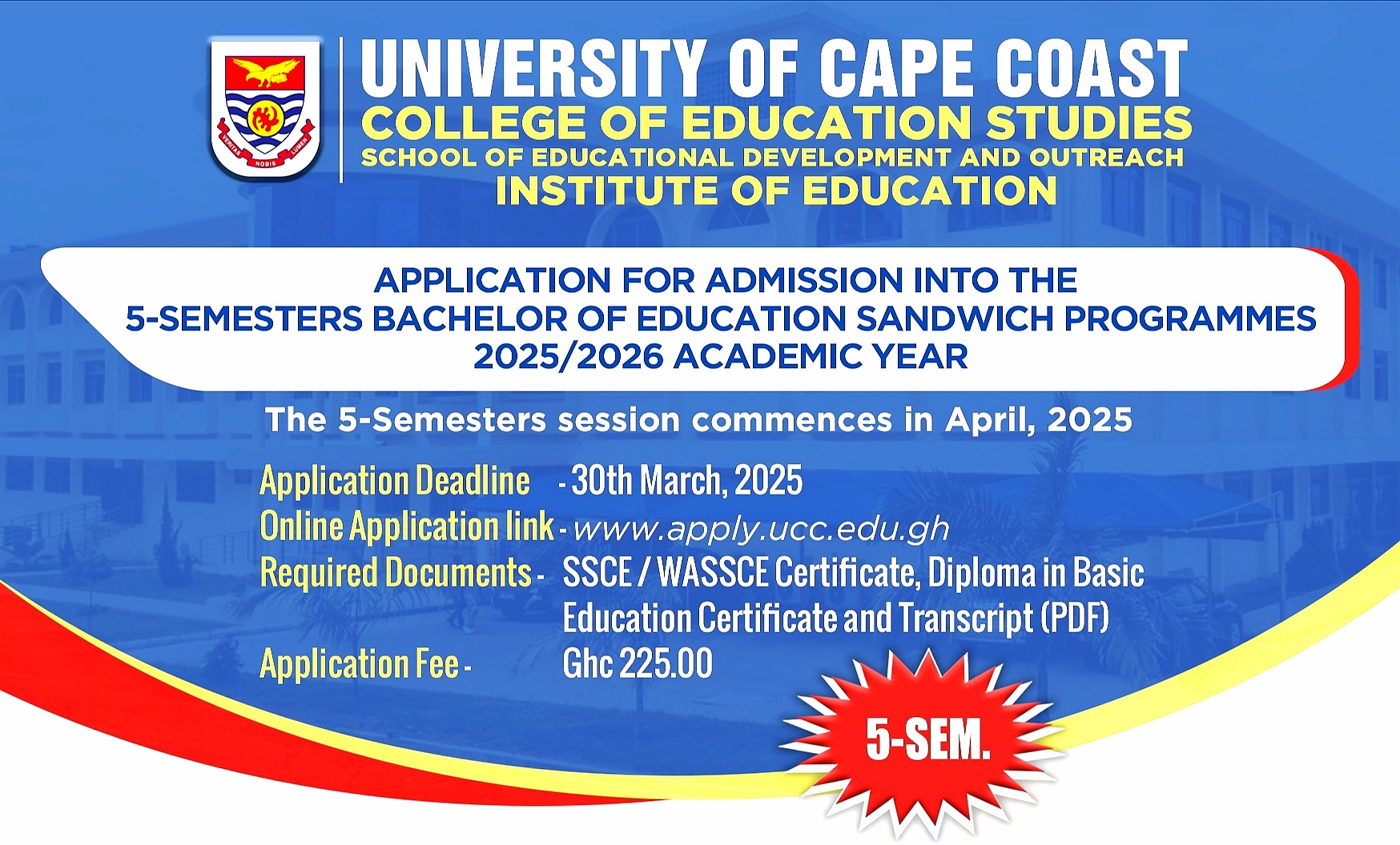 UCC 5 Semester Sandwich Courses and Centres for 2025/2026 | Sandwich Mode